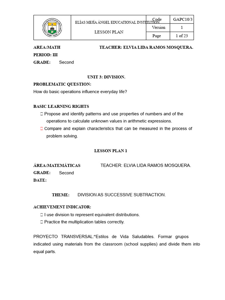 MATH CLASS PLAN 2nd Grade Third Period | PDF | Division (Mathematics ...
