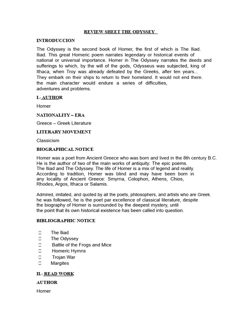 Reading Sheet The Odyssey | PDF | Odyssey | Odysseus