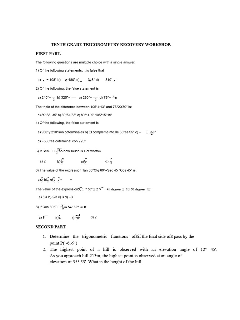 Trigonometry Recovery Workshop Tenth | PDF | Trigonometry ...