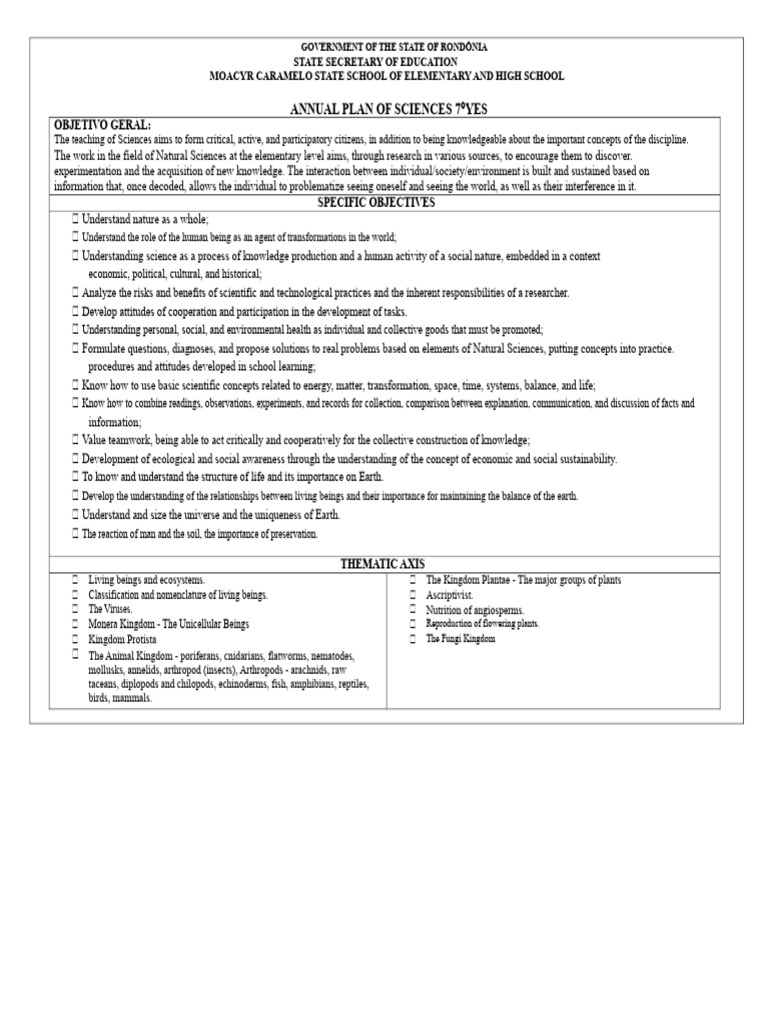 Annual Science Plan 7th Grade - EEEFM Moacyr Caramello | PDF | Science ...