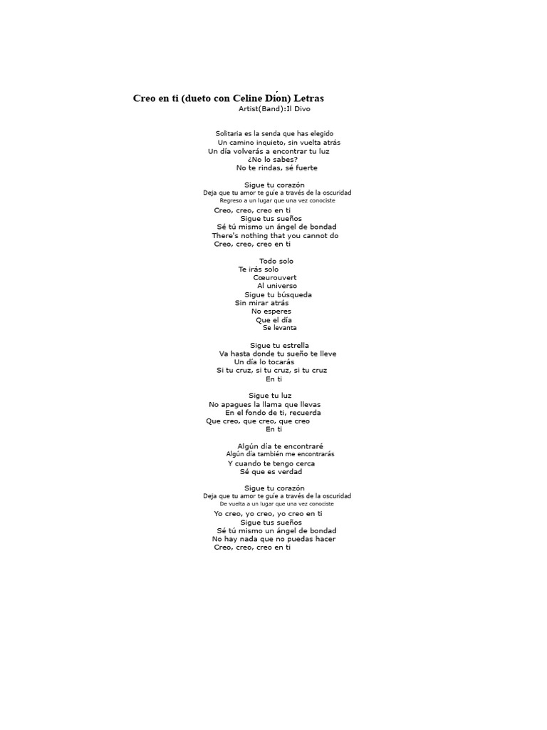 Letras de "Creo en Ti" - Il Divo ft. Celine Dion | PDF