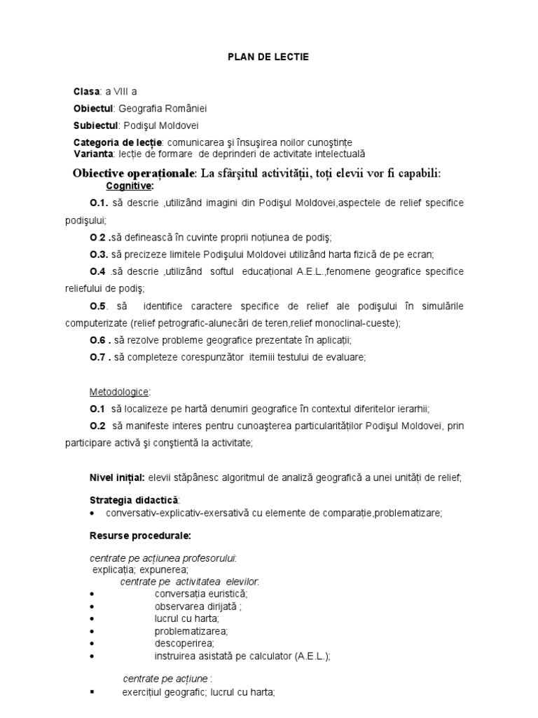 Plan Lectie Podisul Moldovei | PDF