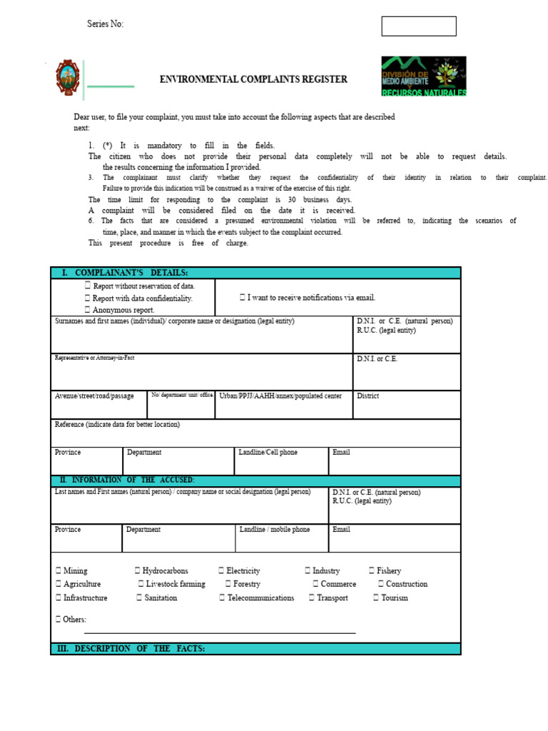 Environmental Complaint Registration Form | PDF | Complaint