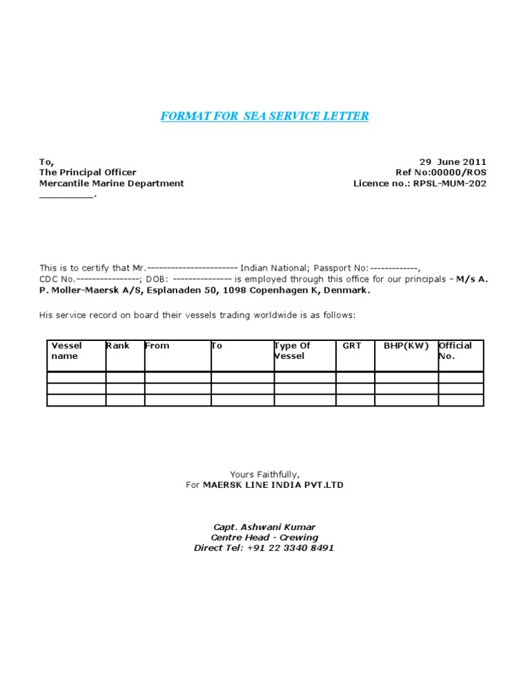 Format For Sea Service Letter - CPH | PDF | Merchant Navy | Shipping
