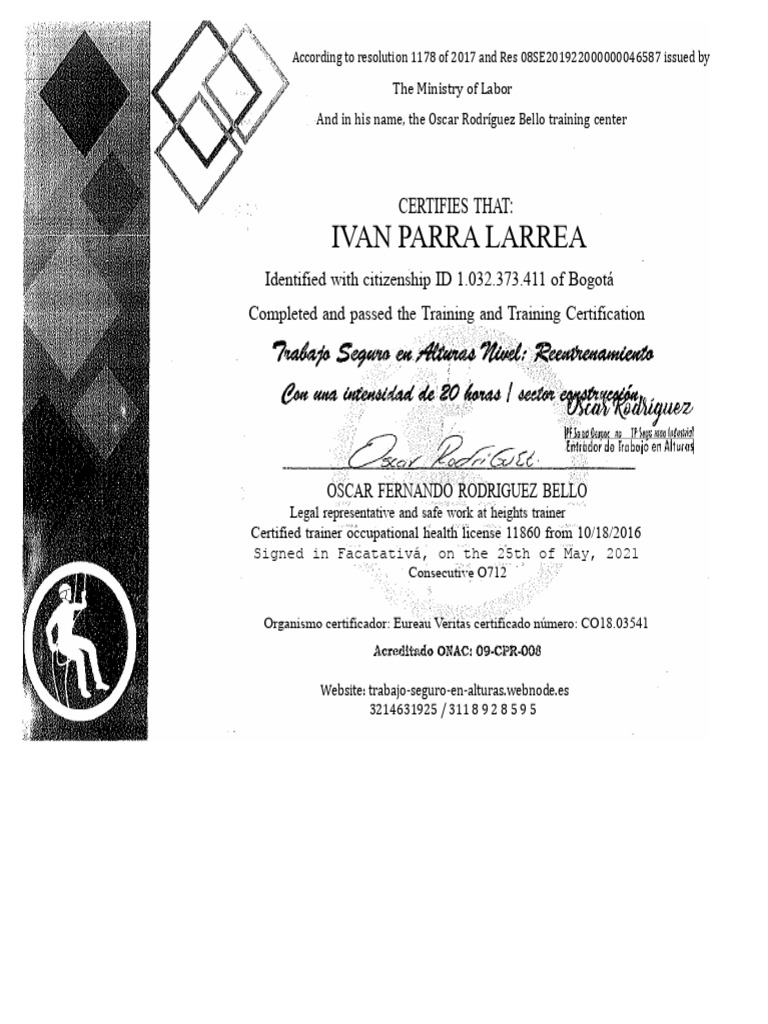Certification of Safe Work Training | PDF