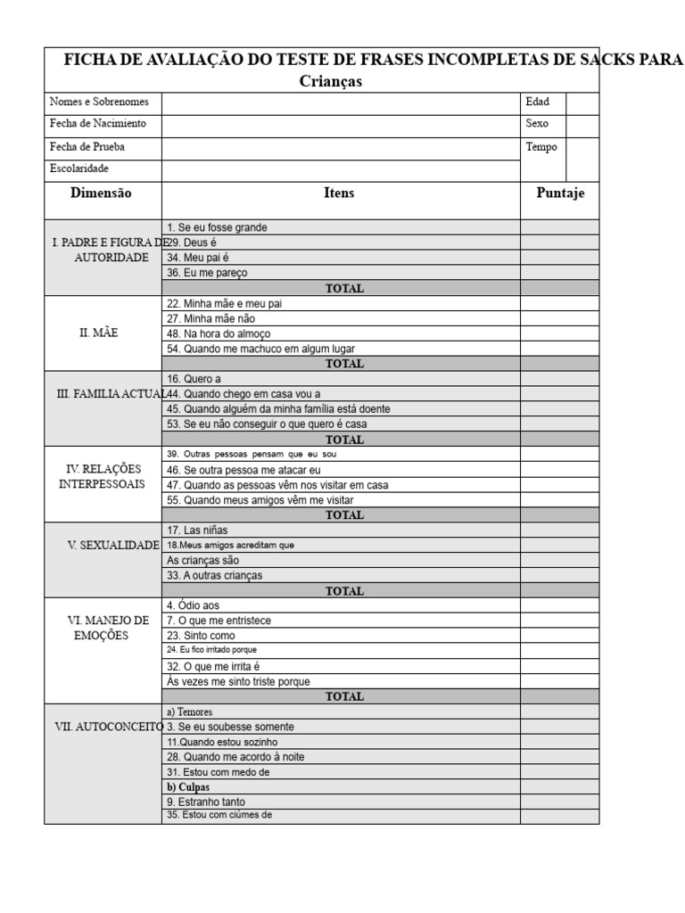 Avaliação do Teste de Sacks para Crianças | PDF