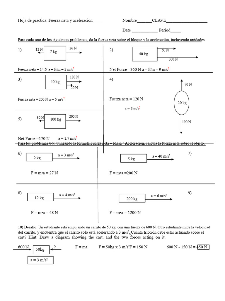 Hoja de práctica sobre fuerza neta y aceleración CLAVE 3 | PDF | Fuerza ...