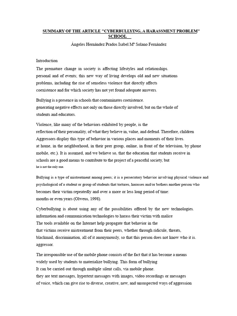 Summary of The Article "Cyberbullying, A School Harassment Problem" | PDF