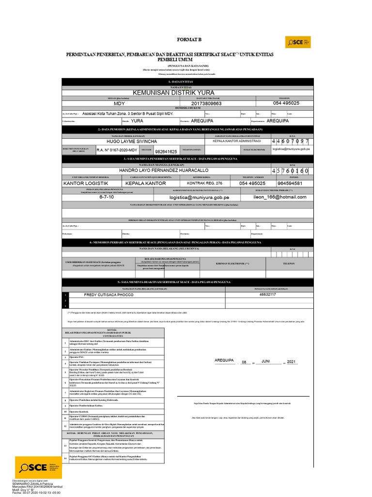 Permohonan Sertifikat SEACE Entitas Yura | PDF