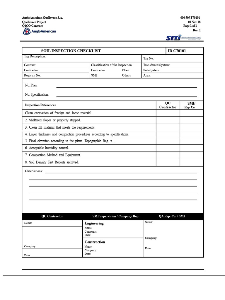 F70101 Rev 1 Soil Inspection Checklist | PDF