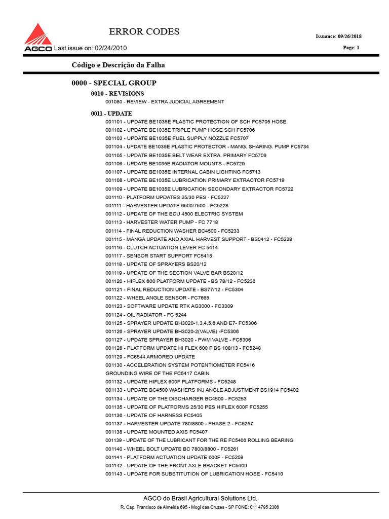 Agricultural Equipment Error Codes | PDF | Clutch | Axle