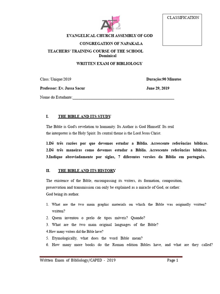 Bibliology Exam for Evangelical Training | PDF | Bible | God In ...