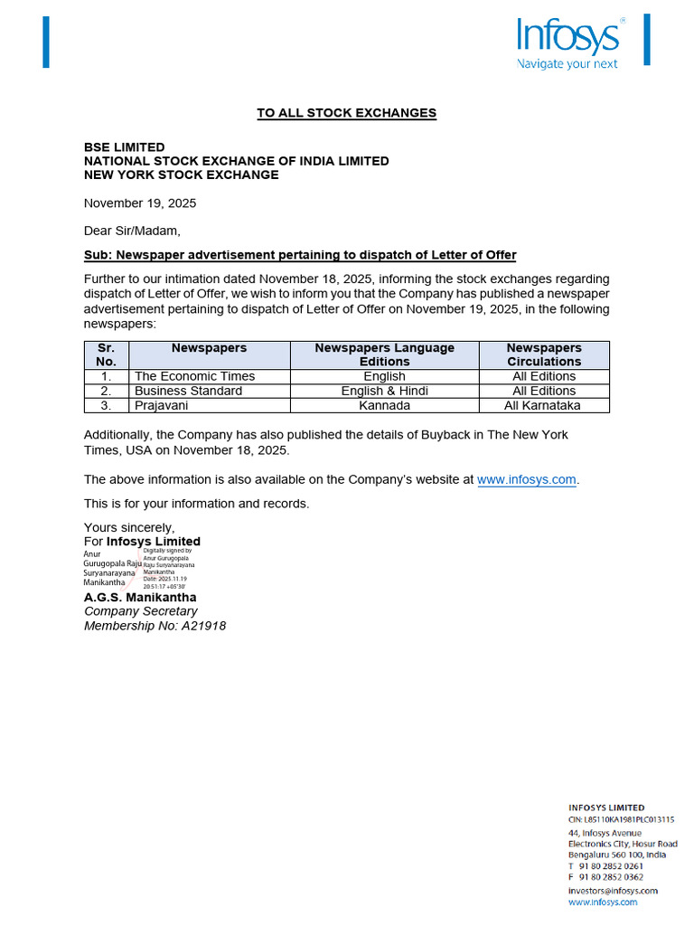 Infosys Buyback Letter of Offer Notice | PDF | Share Repurchase ...