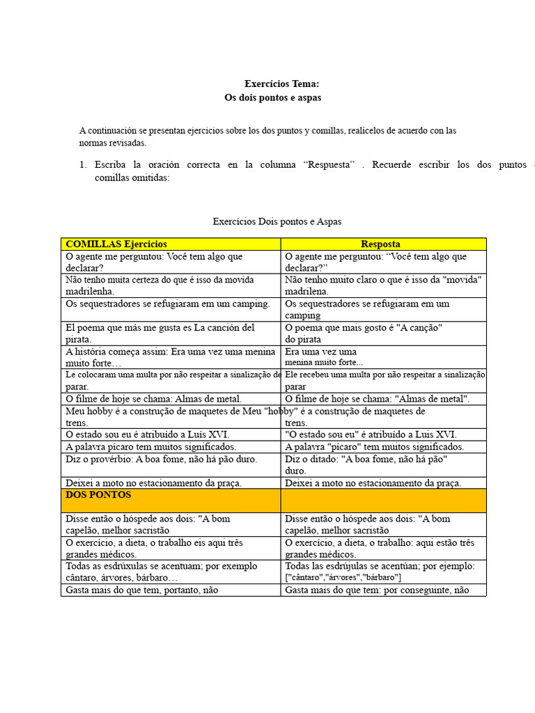 Exercícios sobre Dois Pontos e Aspas | PDF