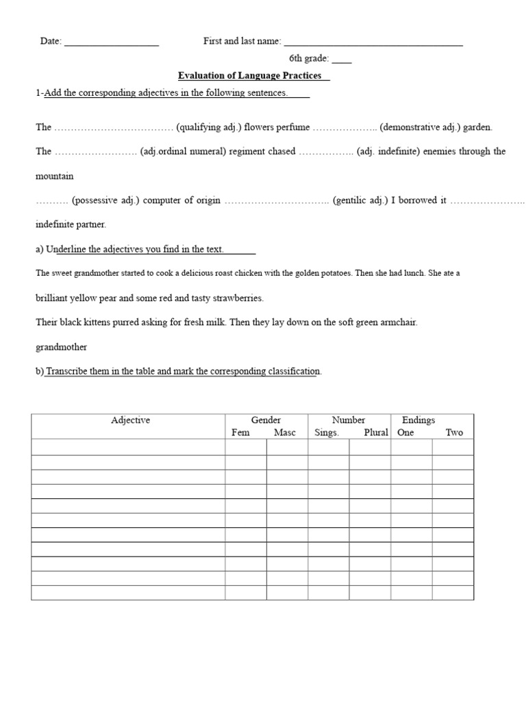 6th Grade Language Practices Evaluation | PDF | Adjective | Grammatical ...