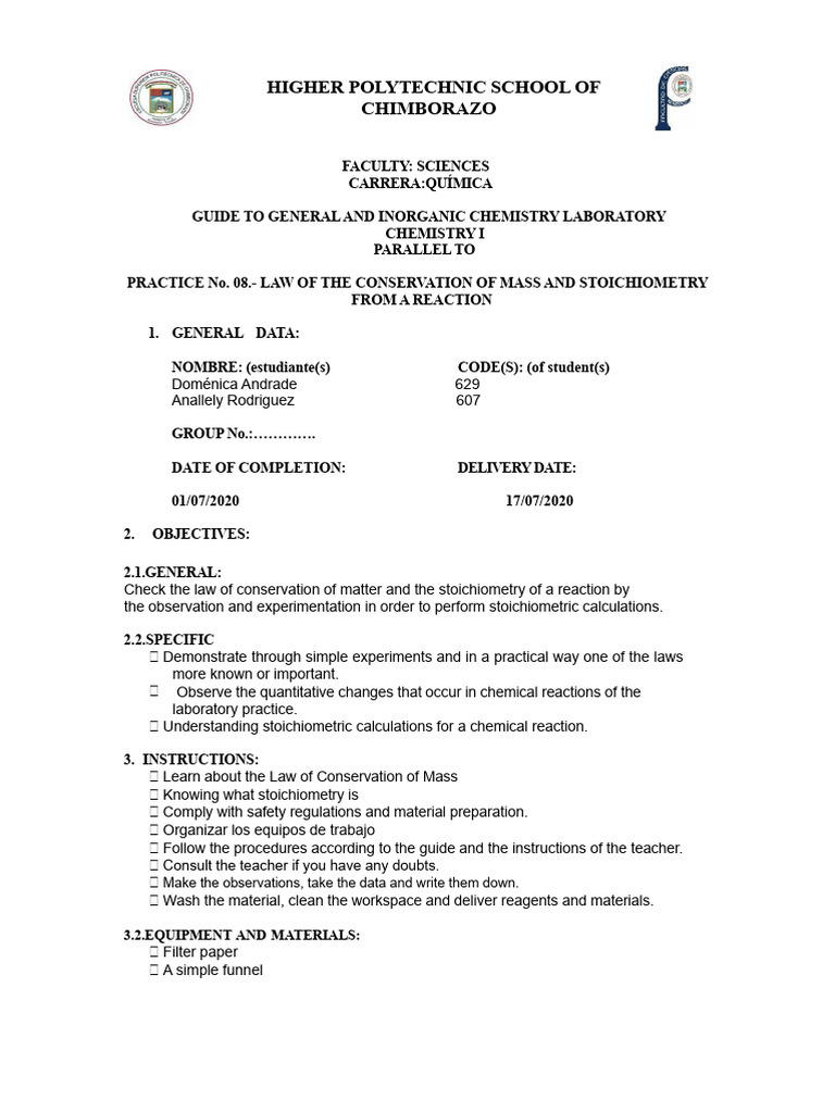 LABORATORY No.08 LAW OF CONSERVATION OF MASS AND STOICHIOMETRY PDF ...