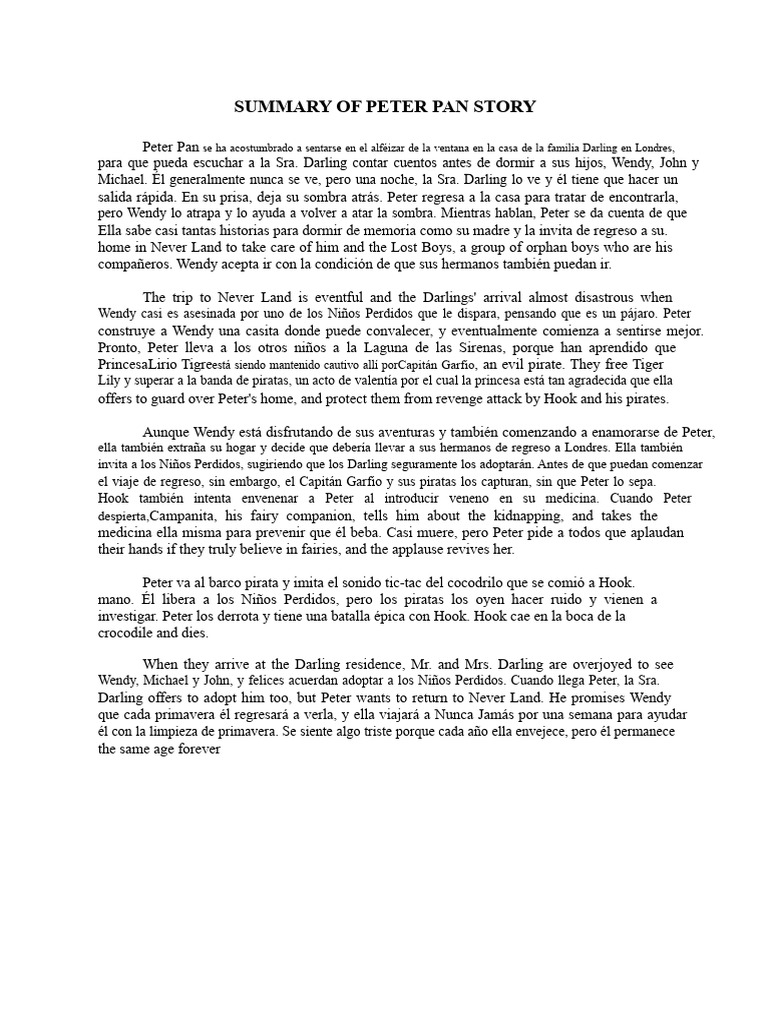 Summary of Peter Pan Story: Capitán Garfio | PDF | Peter Pan | Neverland