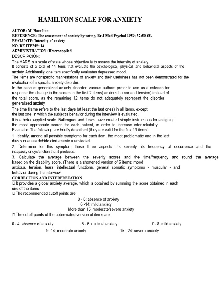 Hamilton Anxiety Scale | PDF | Anxiety | Abnormal Psychology