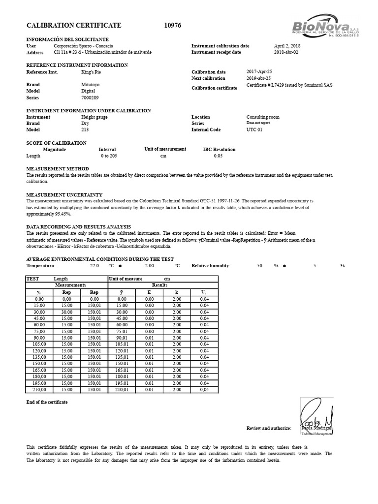 Calibration Certificate for Height Gauge | PDF | Calibration | Measurement