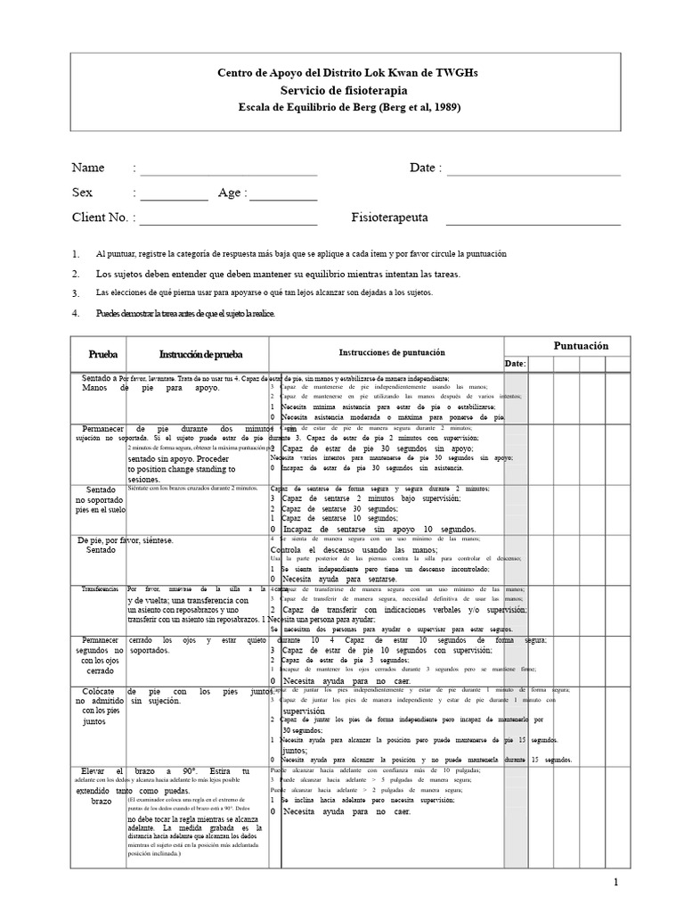 Evaluación de Equilibrio: Escala de Berg | PDF