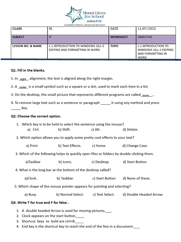 Grade 3 It Objective Worksheet | PDF