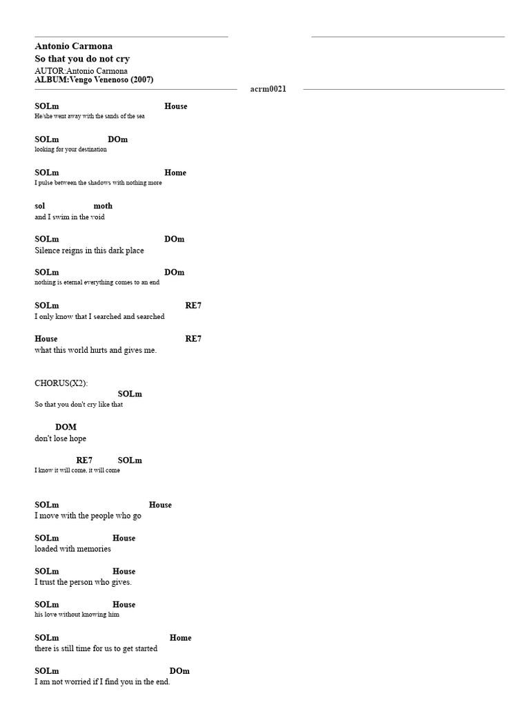 Antonio Carmona, So That You Don't Cry - Lyrics and Chords | PDF | Songs