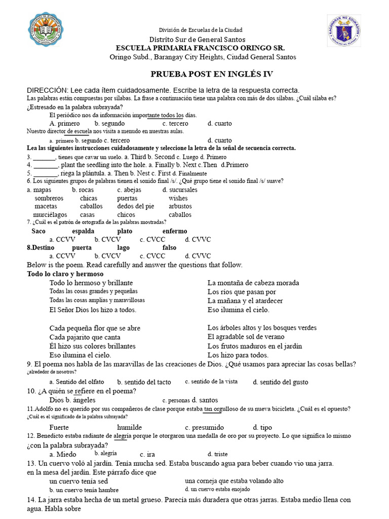 PRUEBA POST Inglés V | PDF