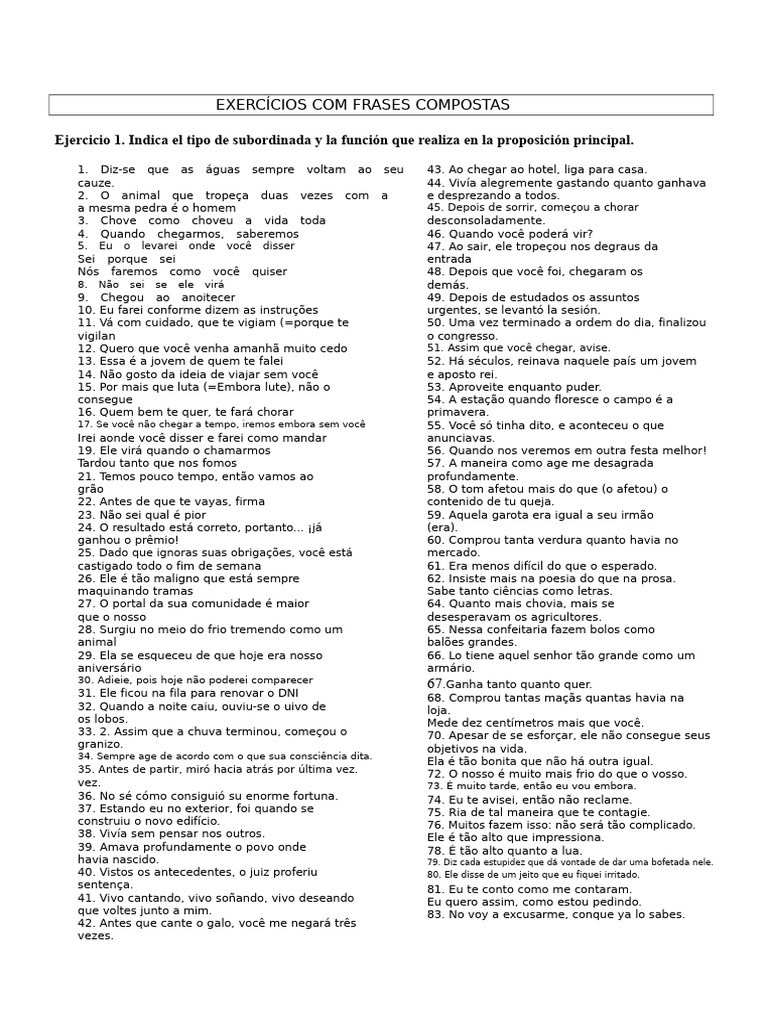 Exercícios Com Frases Compostas | PDF