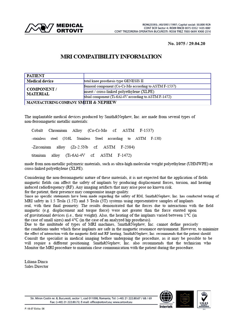MRI Safety for GENESIS II Knee Implants | PDF | Magnetic Resonance ...