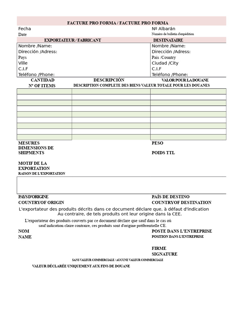 Exemple de Facture Proforma Douane | PDF