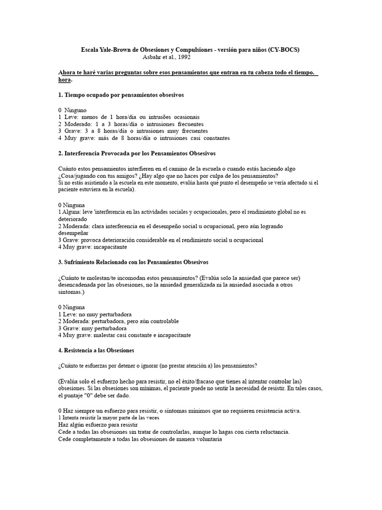 Escala Yale-Brown de Obsesiones y Compulsiones - Versión para Niños (CY-BOCS) | PDF | Ansiedad ...