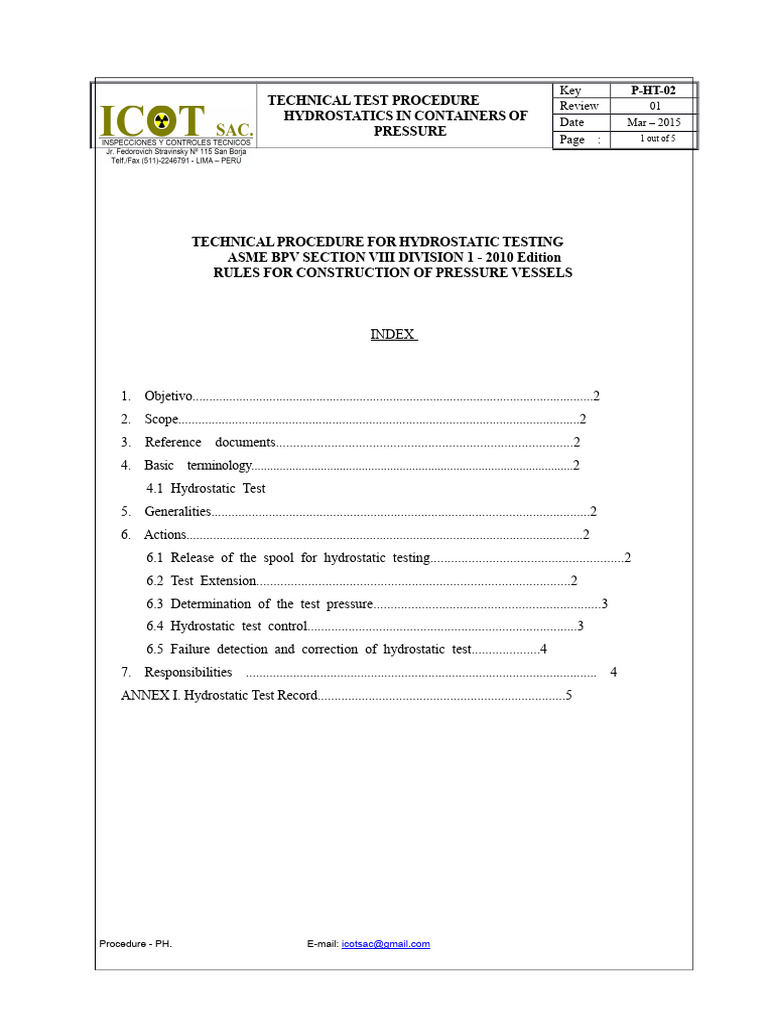 Hydrostatic Testing Procedure for Pressure Vessels | PDF | Leak ...