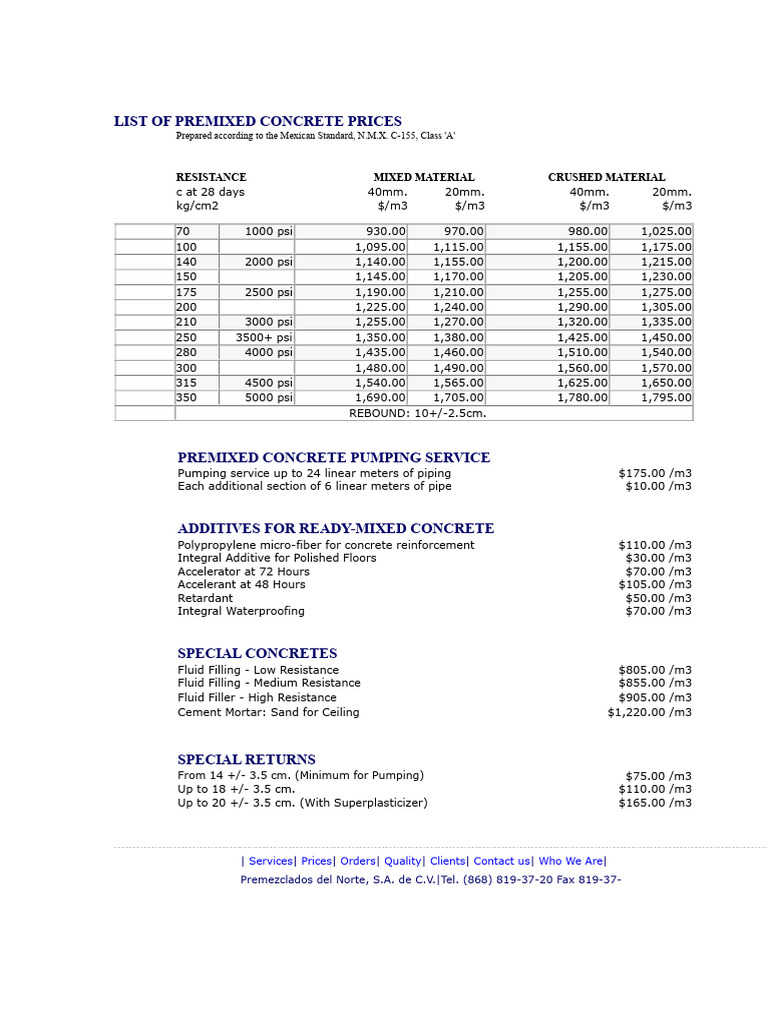 Premixed Concrete Price List Mexico | PDF | Concrete | Building Materials