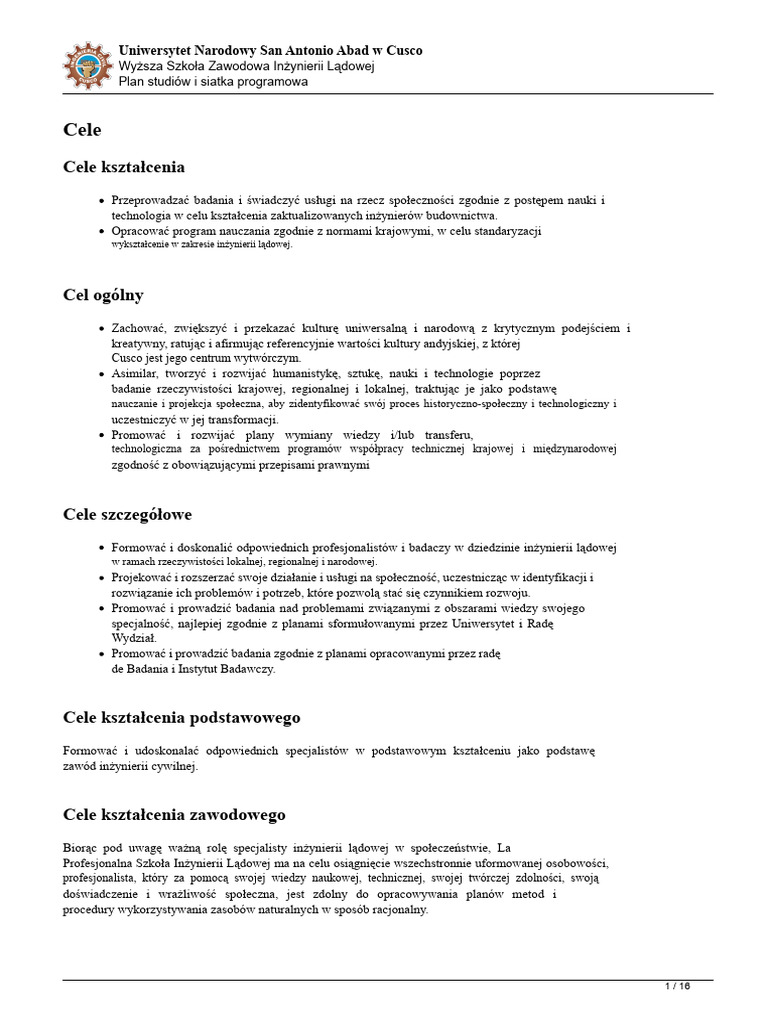 Program nauczania i siatka kursów | PDF