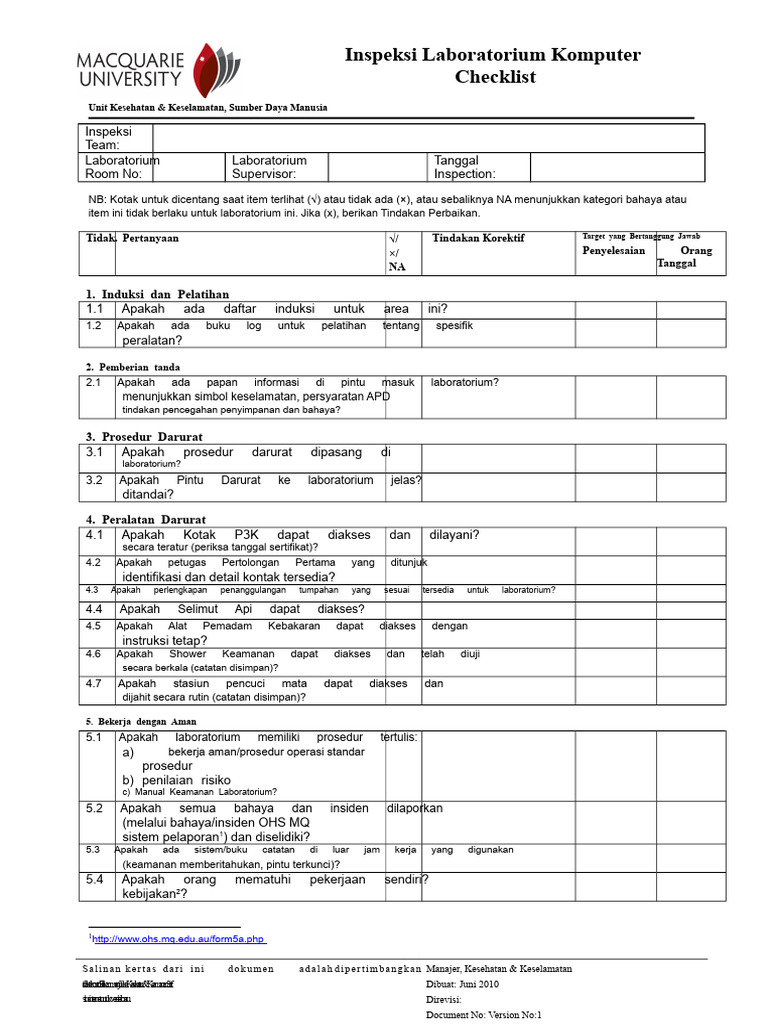 Checklist Inspeksi Laboratorium Komputer | PDF