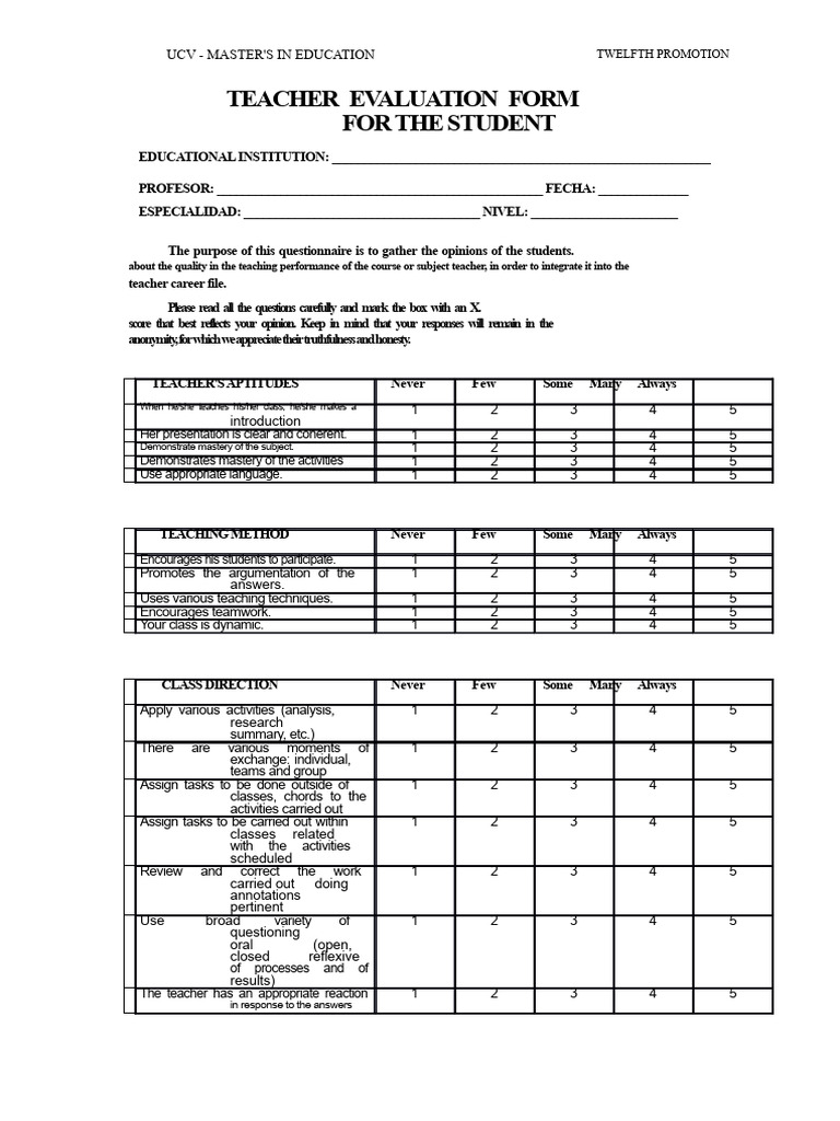Teacher Evaluation Form For The Student | PDF | Teachers | Teaching Method