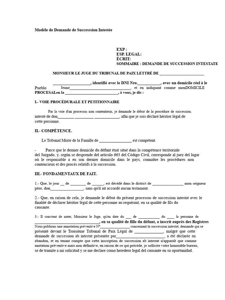 Modèle de Demande de Successions Ab Intestato | PDF | Compétence ...