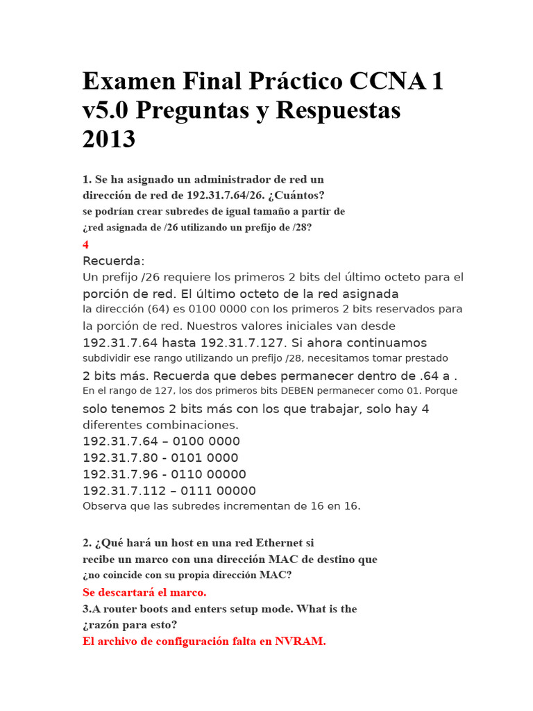 Examen Final de Práctica CCNA 1 | PDF | Enrutador (Computación) | Yo Pv6