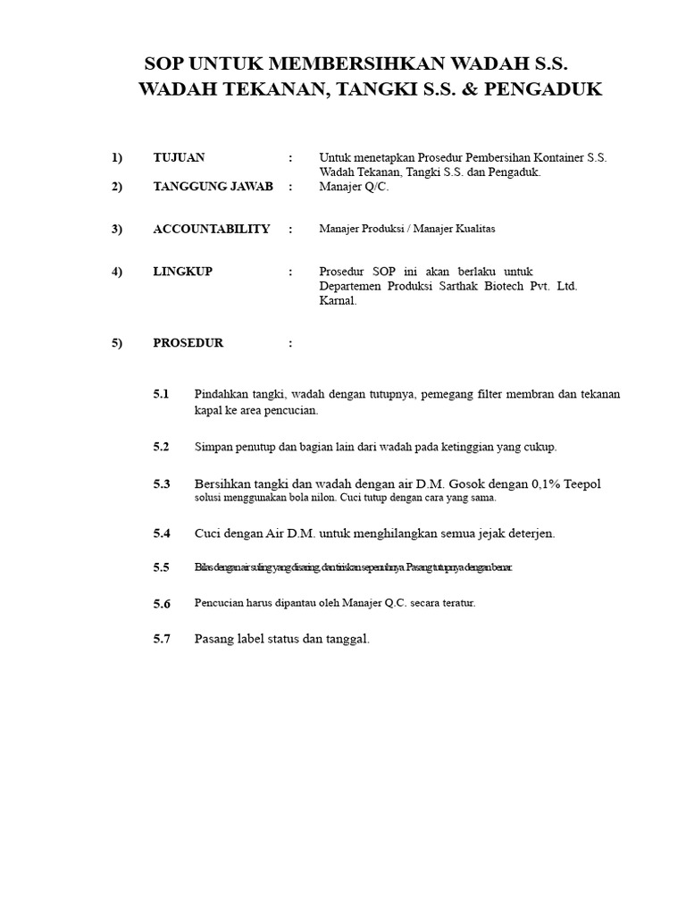 Sop Untuk Pemberishan Wadah S.S. | PDF