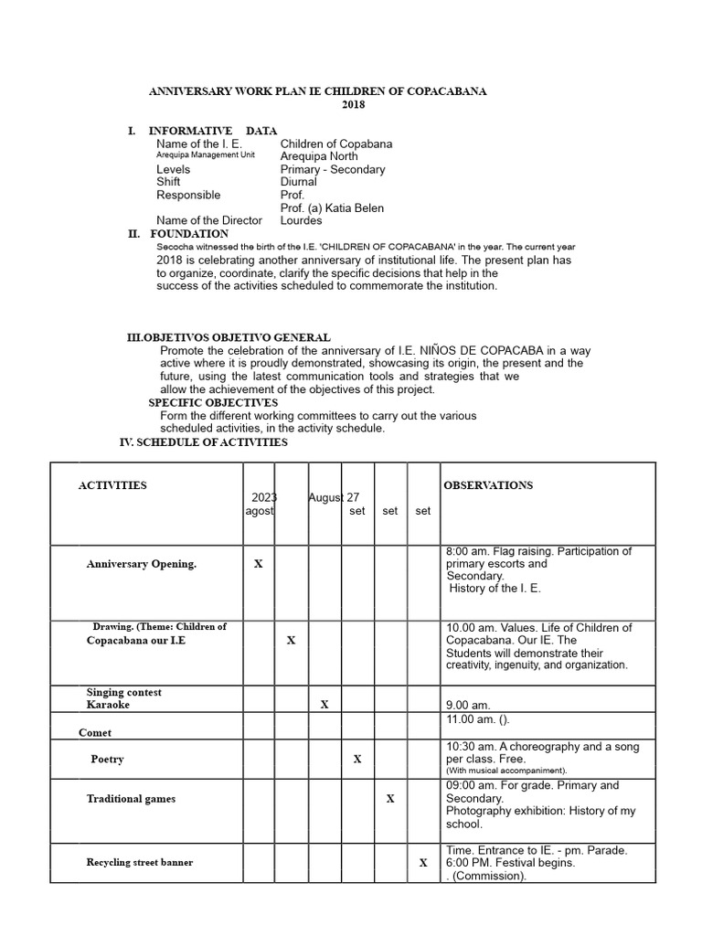Anniversary Work Plan Ie Children of Copacabana | PDF