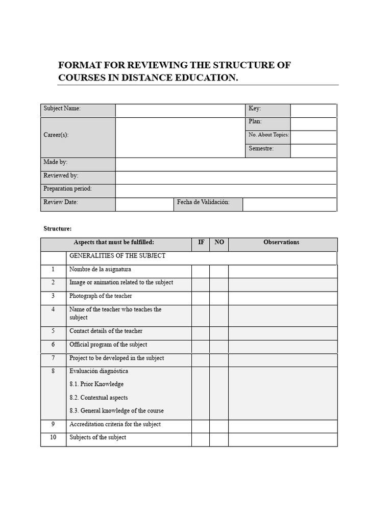 Format For The Review of The Structure of Courses in Distance Education ...