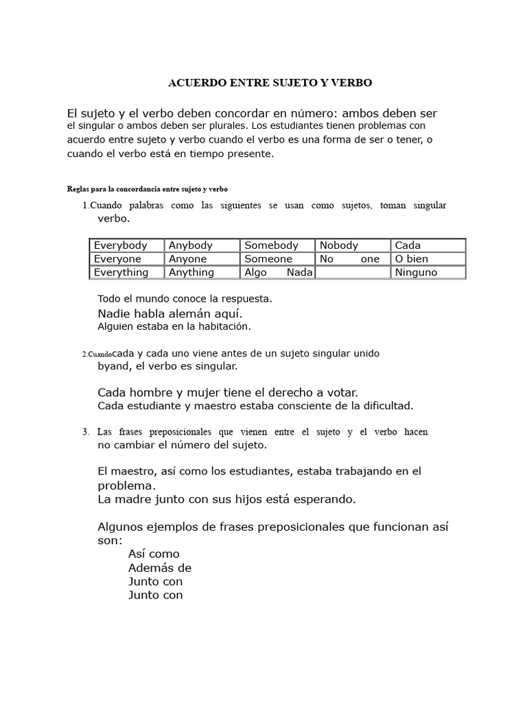 Acuerdo Entre Sujeto y Verbo | PDF | Plural | Verbo