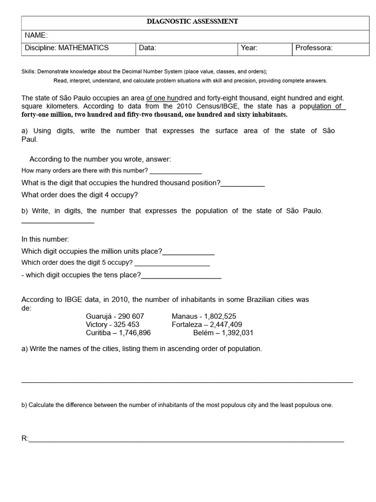 Mathematics Diagnostic Assessment 6th Grade | PDF | Numbers | Mathematics