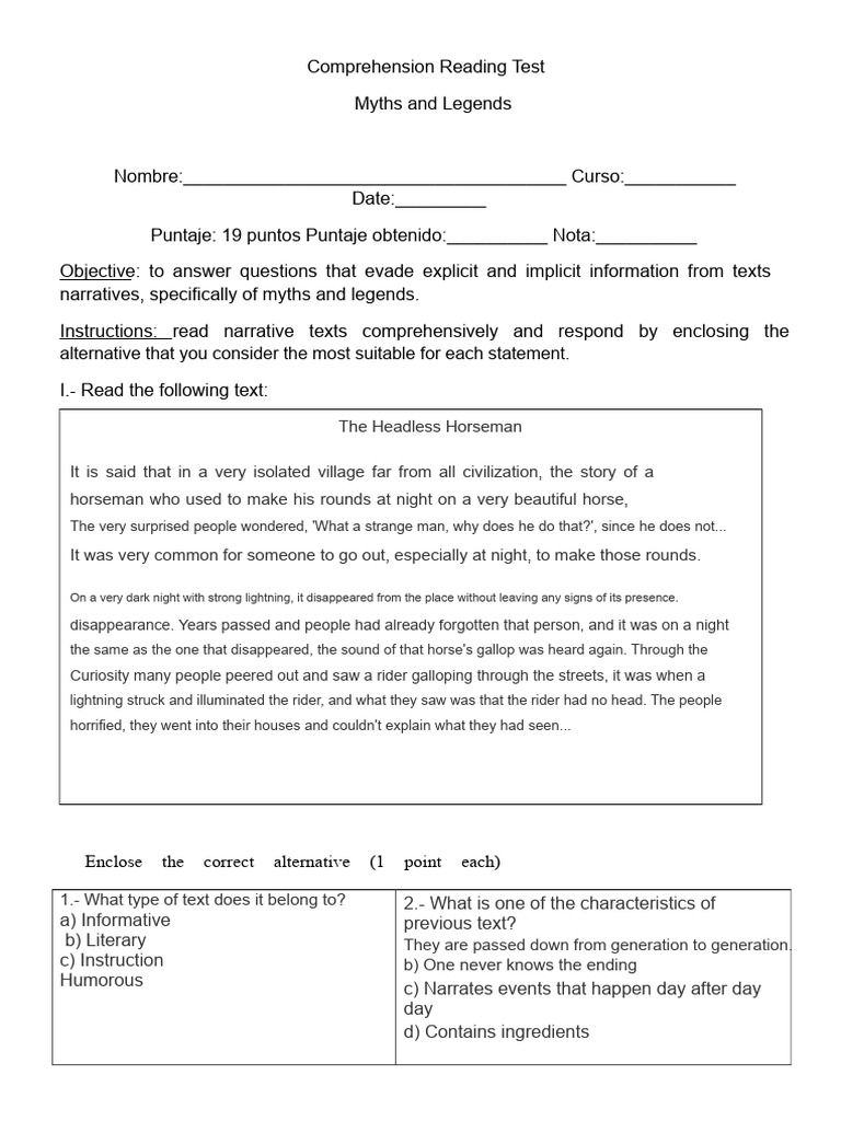 Myths and Legends Comprehension Test | PDF