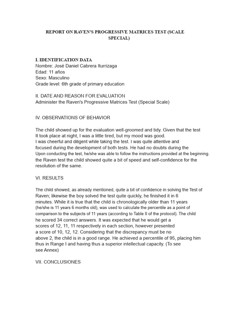 Raven's Progressive Matrices Test Report | PDF