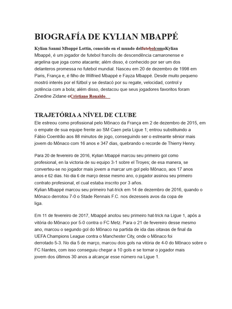 Biografia de Kylian Mbappé | PDF | Clubes de Futebol | Esportes coletivos