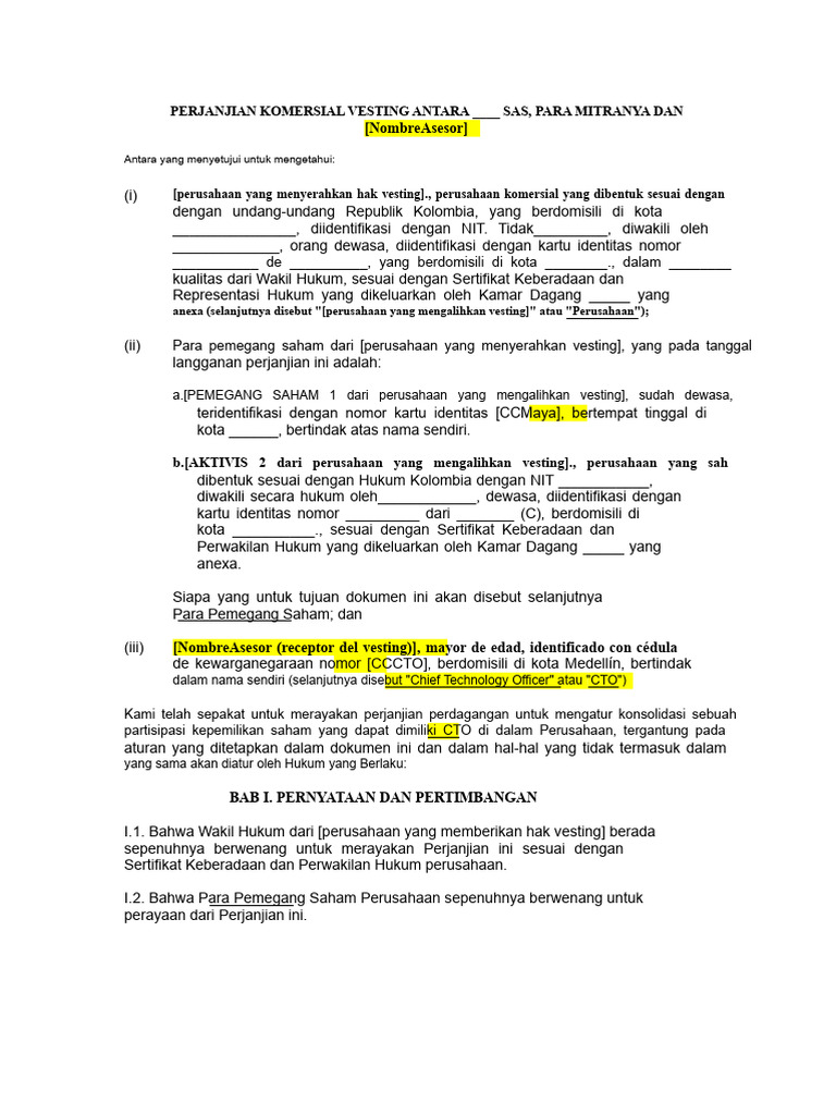 MODEL Perjanjian Vesting | PDF