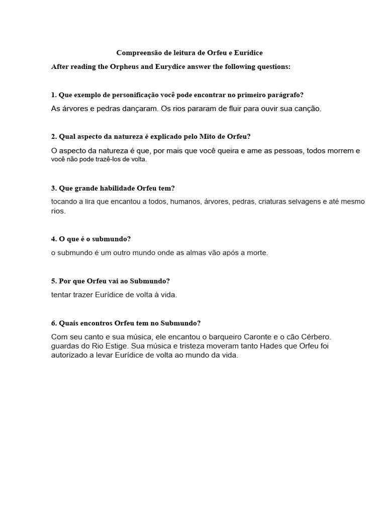 Análise do Mito de Orfeu e Eurídice | PDF