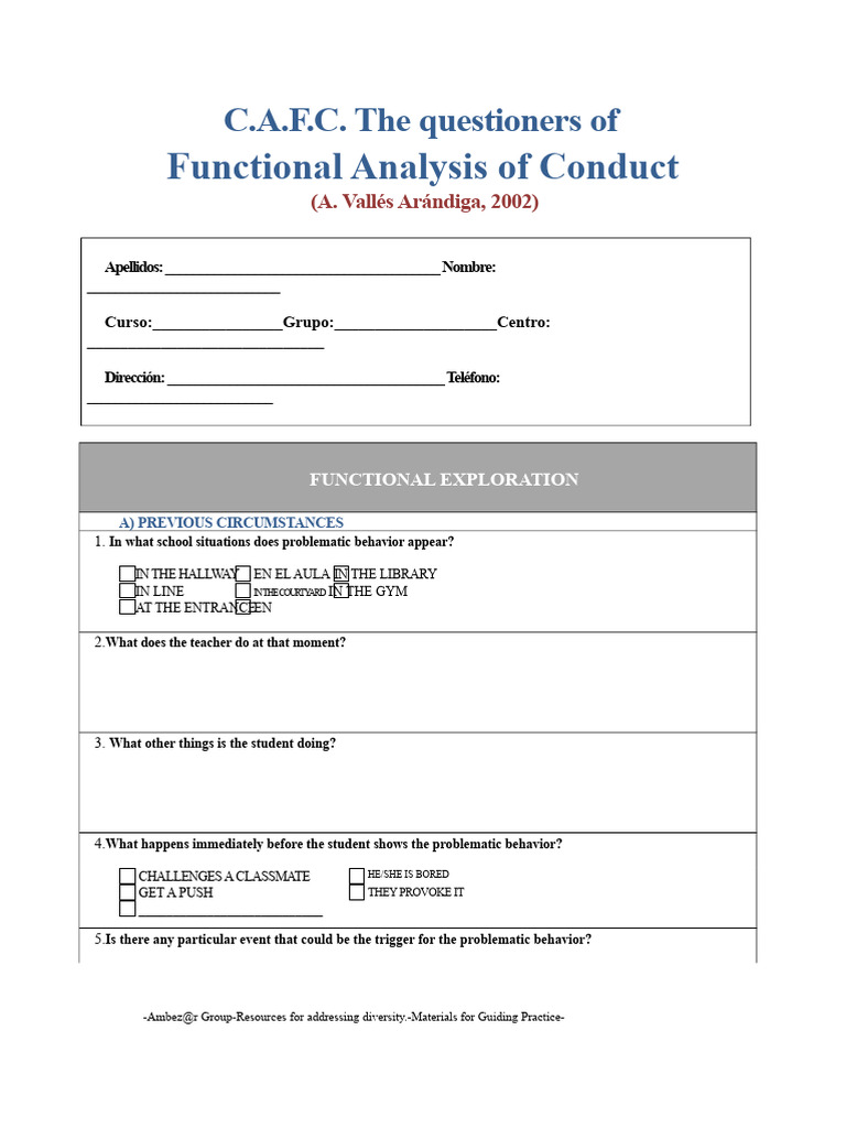 Functional Behavior Analysis Questionnaire | PDF | Self Esteem ...