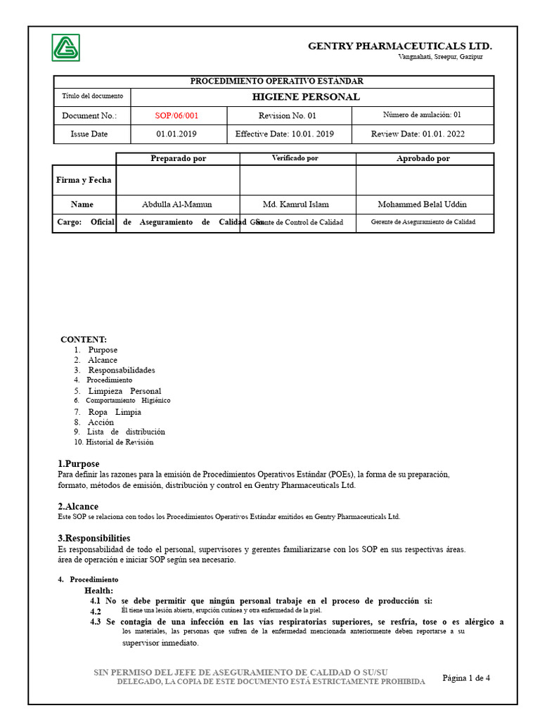 SOP de Higiene Personal en Gentry Pharmaceuticals | PDF | Higiene ...